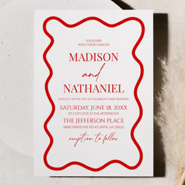Red White Elegant Wavy Border Wedding Invitation | Zazzle