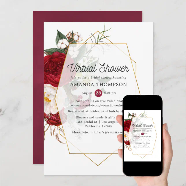 Red & White Floral Geometric Virtual Bridal Shower Invitation | Zazzle