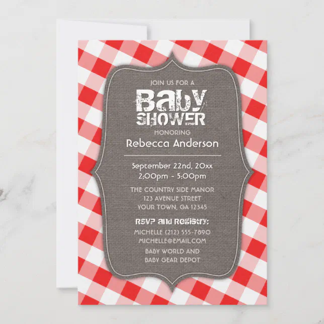 Red & White Gingham Canvas Baby Shower Invitations | Zazzle