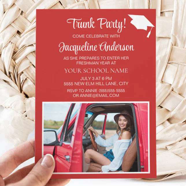 Red White Graduation Cap College Trunk Party Photo Invitation | Zazzle