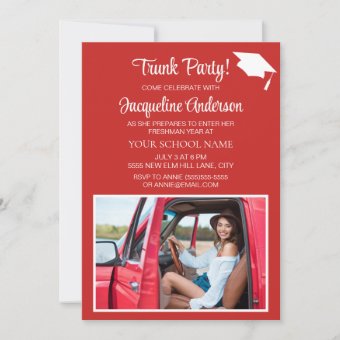 Red White Graduation Cap College Trunk Party Photo Invitation | Zazzle