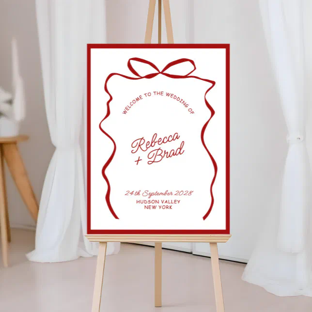 Red & White Hand Drawn Bow Wedding Welcome Sign | Zazzle