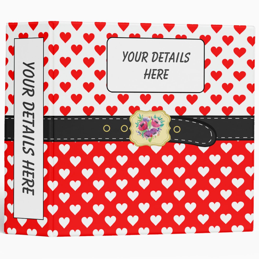 Red & White Hearts Pattern with Belt and Buckle 3 Ring Binder | Zazzle