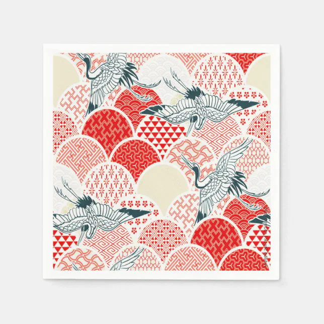 Red White Japanese Kimono Crane Decoupage Paper Napkins | Zazzle