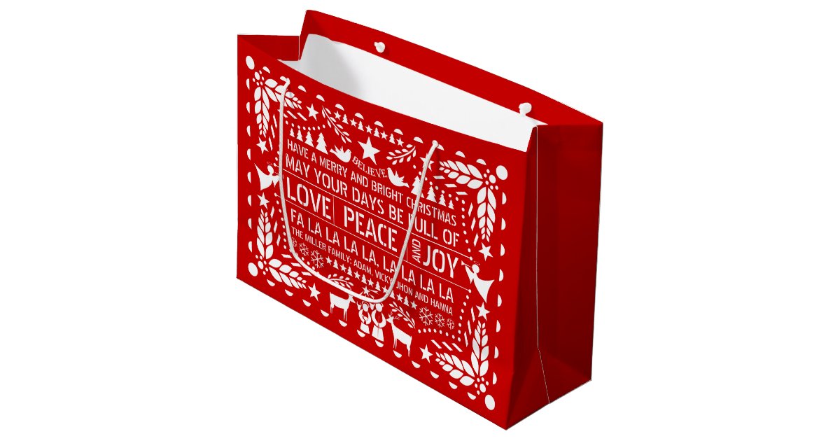 Red, white Love Peace Joy papel picado Christmas Large Gift Bag | Zazzle