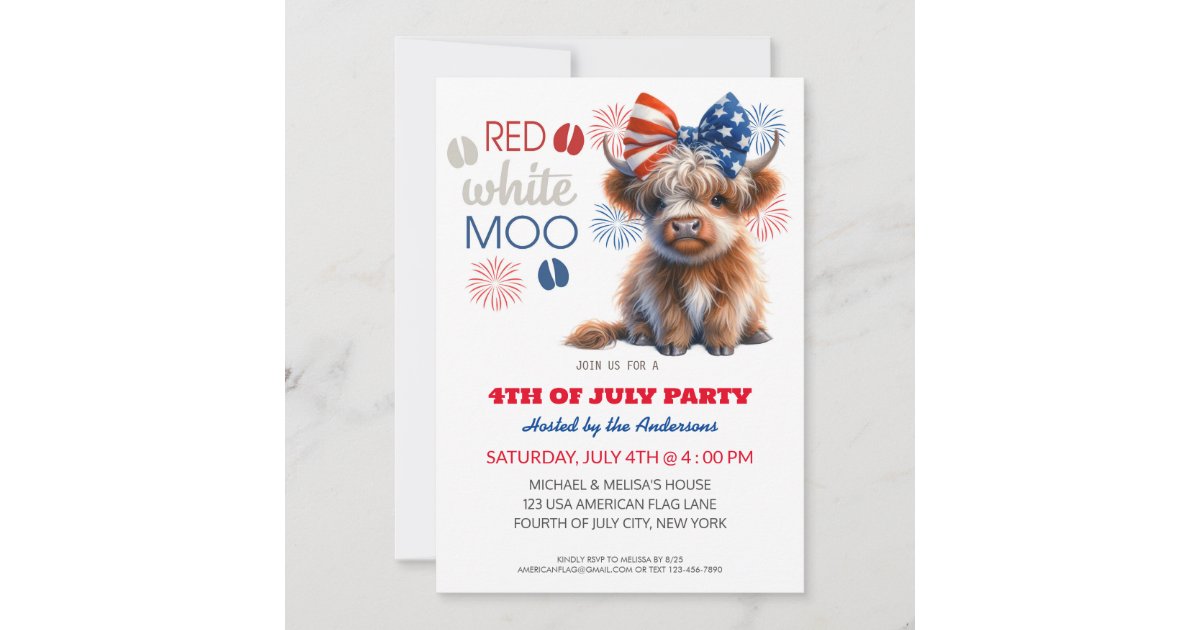 Red White Moo Patriotic highland cow 4th Of July Invitation | Zazzle