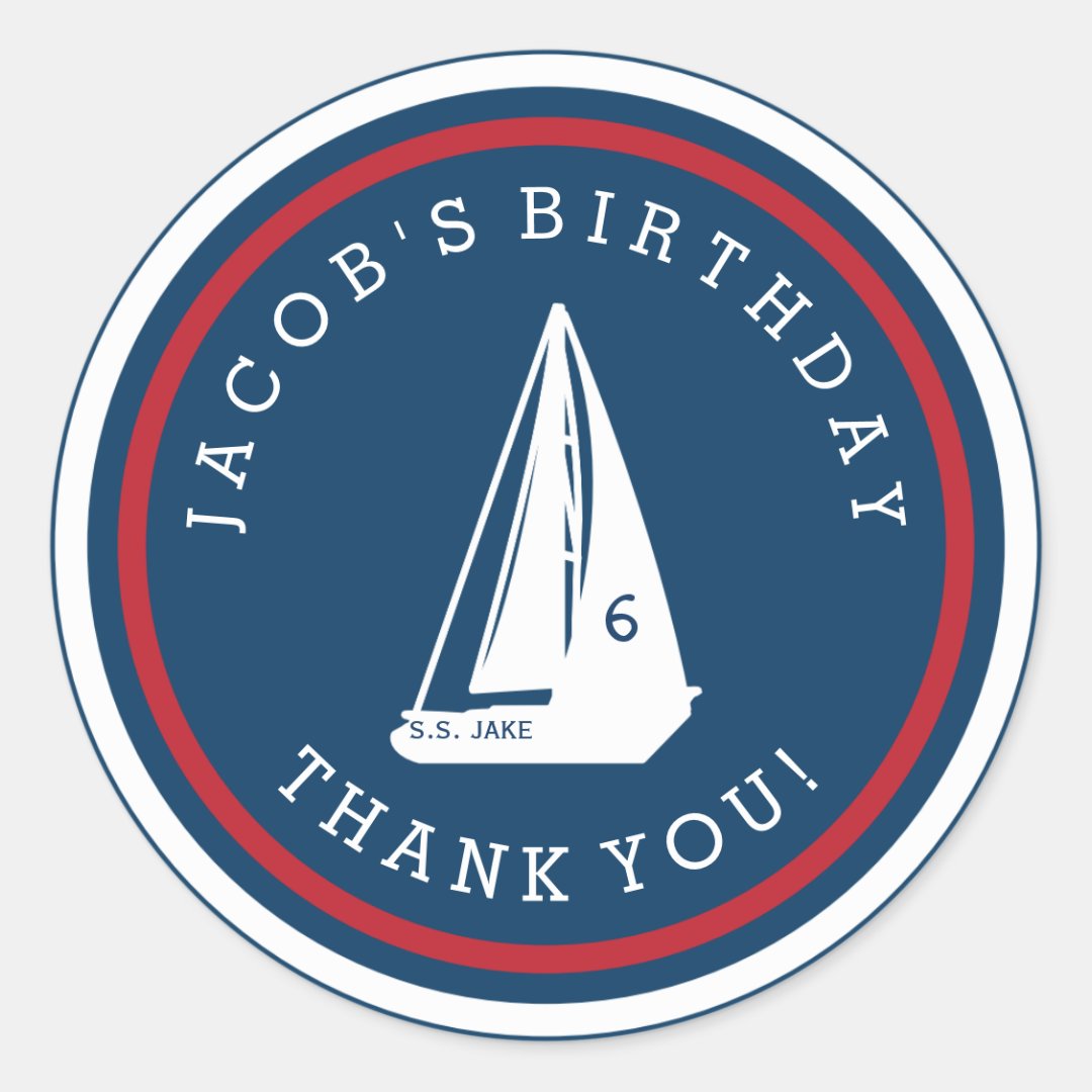 Red White Navy Blue Sailboat Nautical Birthday Classic Round Sticker ...