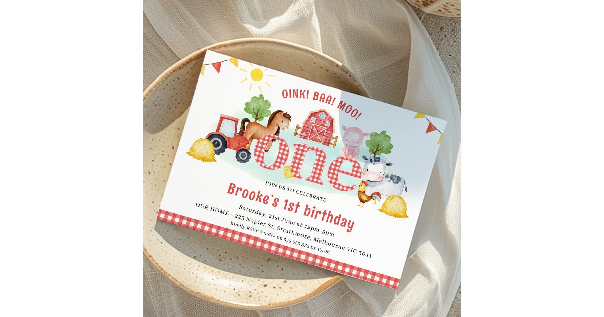 Red White Plaid Oink Baa Moo Farm 1st Birthday Invitation | Zazzle