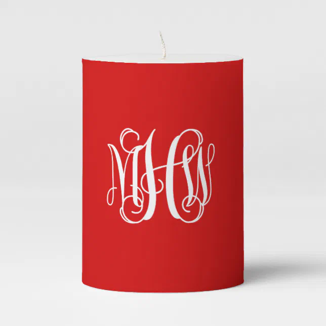 Red White Preppy Vine Script Monogram DIY BG Pillar Candle | Zazzle