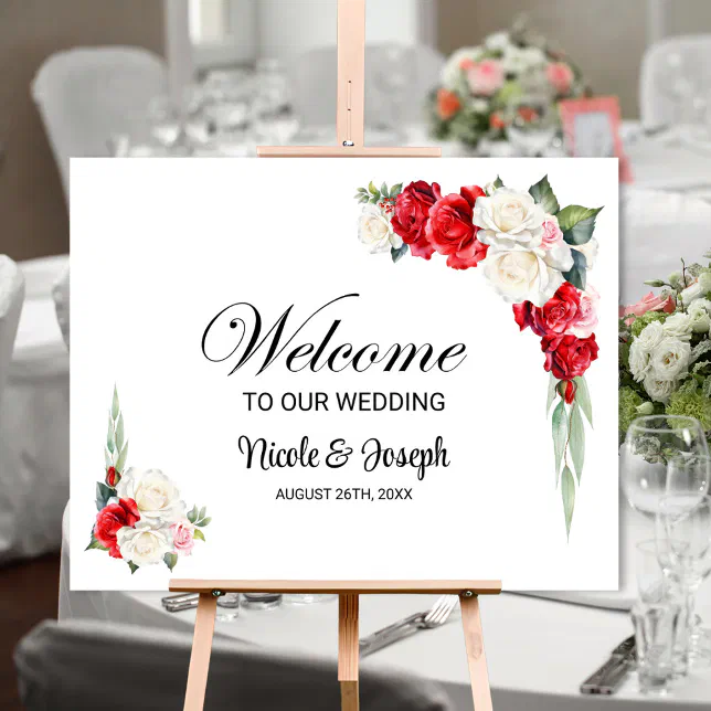 Red White Rose Floral Wedding Welcome Sign | Zazzle