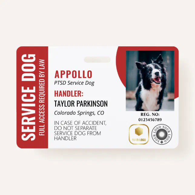 Red White Service Dog 2 Logos & Photo ID Badge | Zazzle