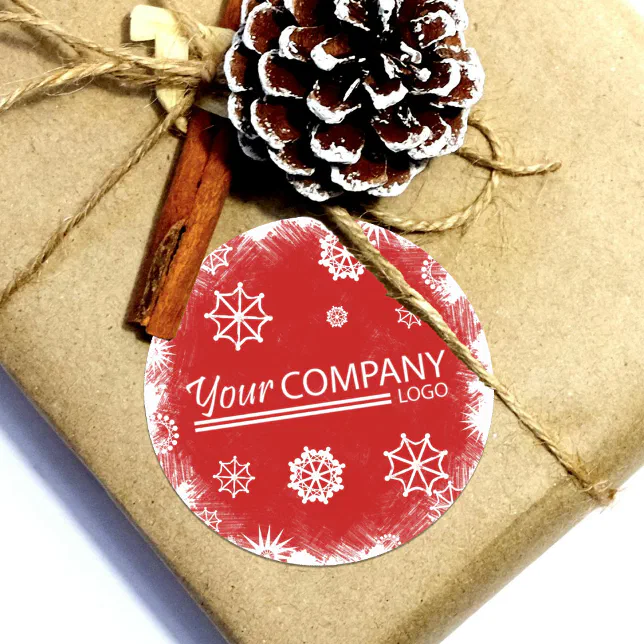 Red, White Snowflakes Logo Company Holiday Classic Round Sticker | Zazzle