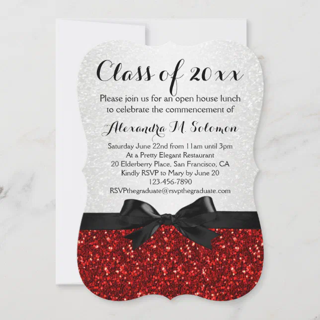 Red/White Sparkly Bow Shaped Graduation Invitation | Zazzle