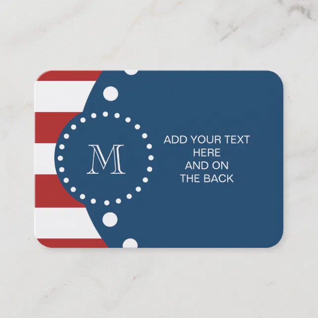 Red White Stripes Pattern, Navy Blue Monogram Business Card | Zazzle