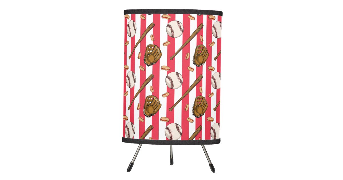 RED WHITE STRIPES WITH BASEBALLS BATS GLOVES TRIPOD LAMP | Zazzle