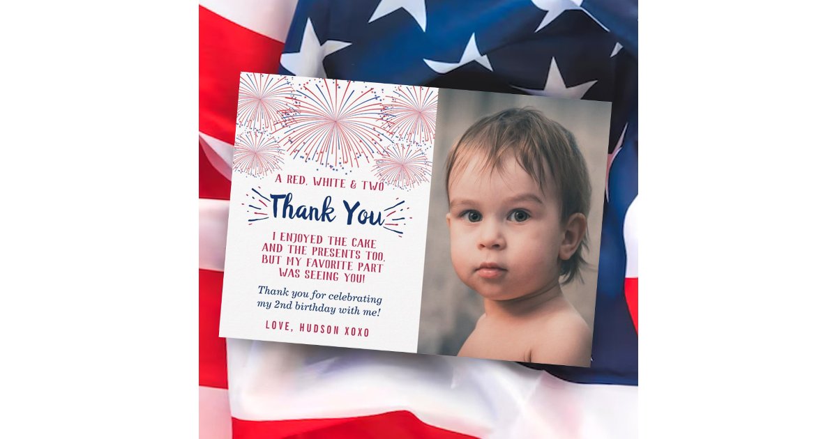 Red, White & Two 4th Of July 2nd Birthday Photo Thank You Card | Zazzle