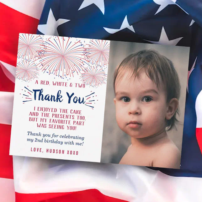 Red, White & Two 4th Of July 2nd Birthday Photo Thank You Card | Zazzle