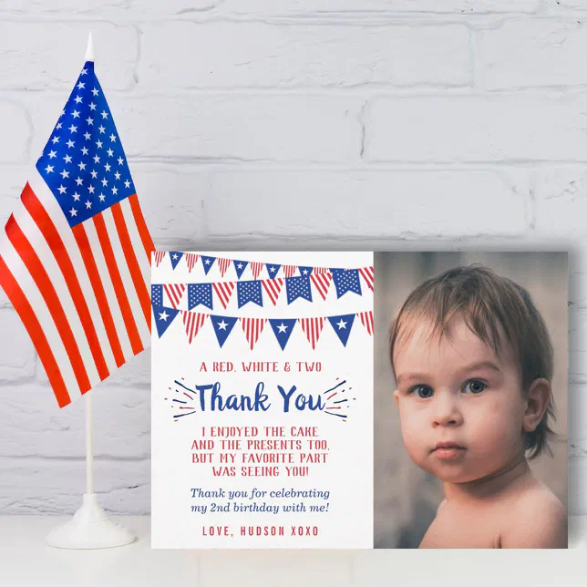 Red, White & Two 4th Of July 2nd Birthday Photo Thank You Card | Zazzle
