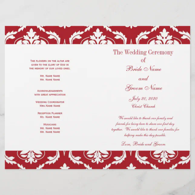 Red White Vintage Damask Wedding Program | Zazzle