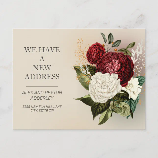 Red White Vintage Floral Roses Moving Announcement Postcard | Zazzle