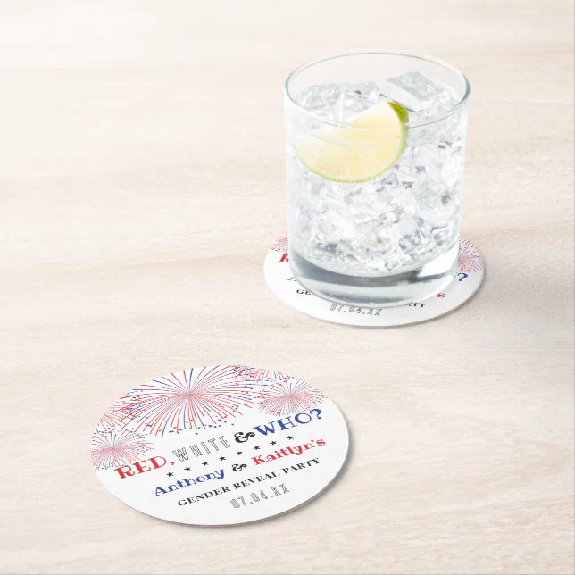 Red, White & Who? 4th Of July Gender Reveal Party Round Paper Coaster ...