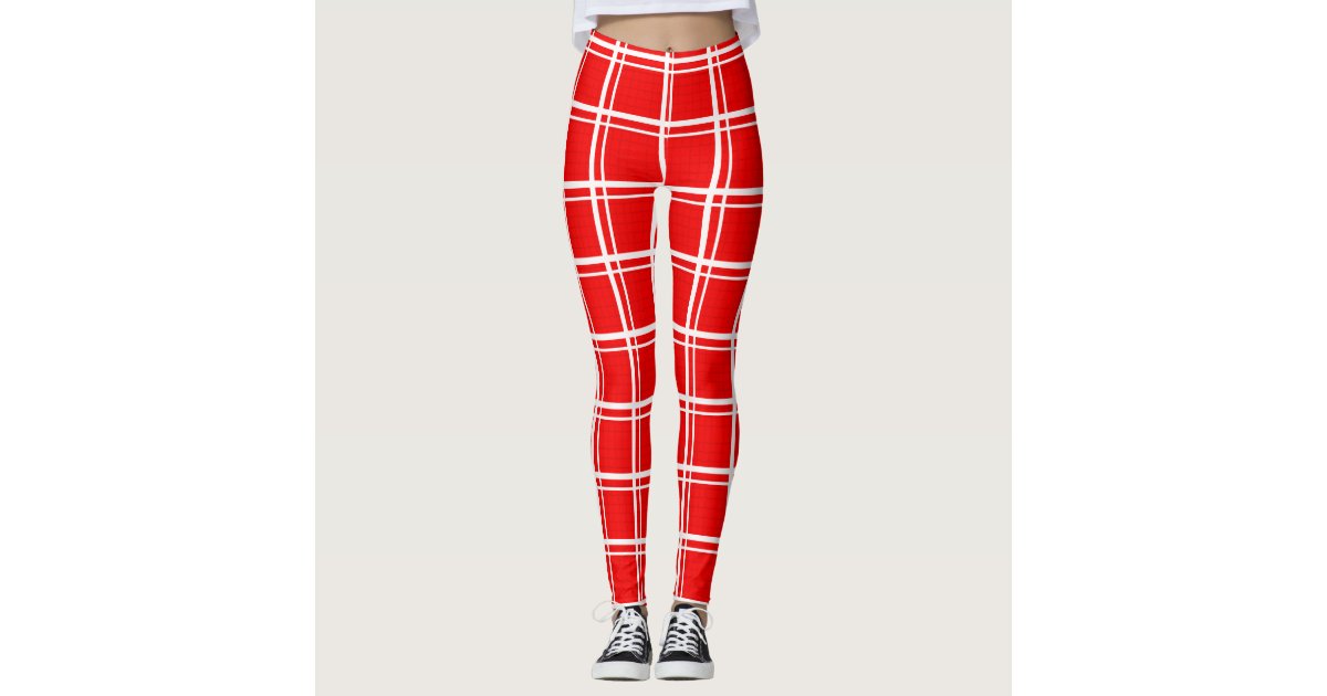 Red Windowpane Plaid Grid Stripes Pattern Design Leggings | Zazzle