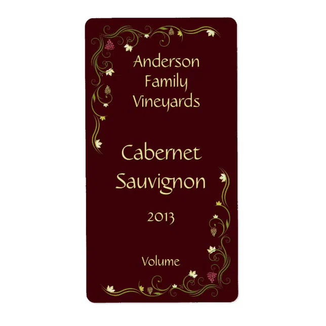 Red Wine Bottle Label with Grapevine Accent | Zazzle