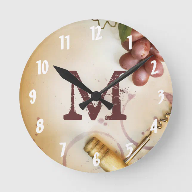 Red Wine Grapes Cork Monogram Initial Wall Clock | Zazzle