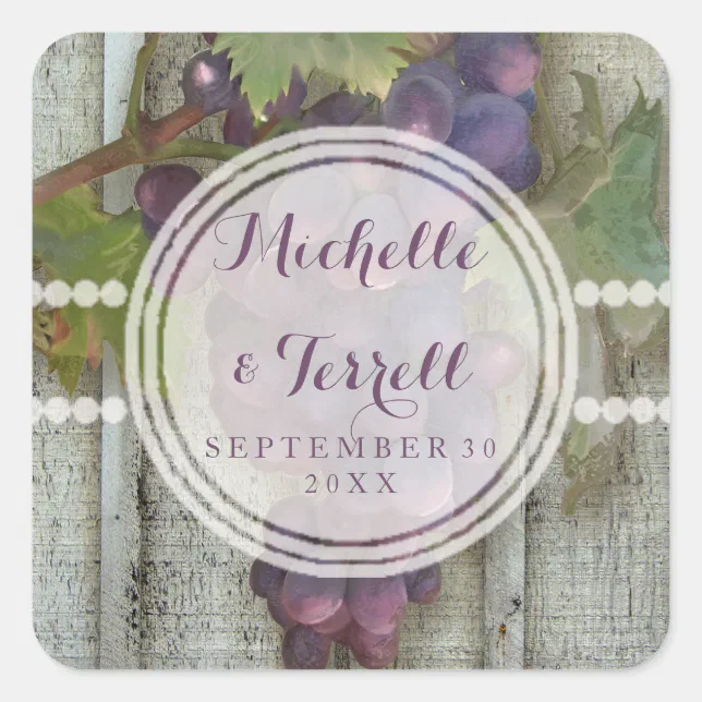 Red Wine Grapes on Vineyard Bard Wood Wedding Square Sticker | Zazzle