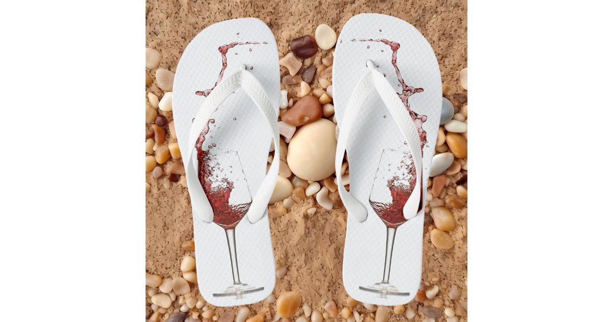 Red Wine Splash Glass Wedding Wine Tasting Flip Flops | Zazzle