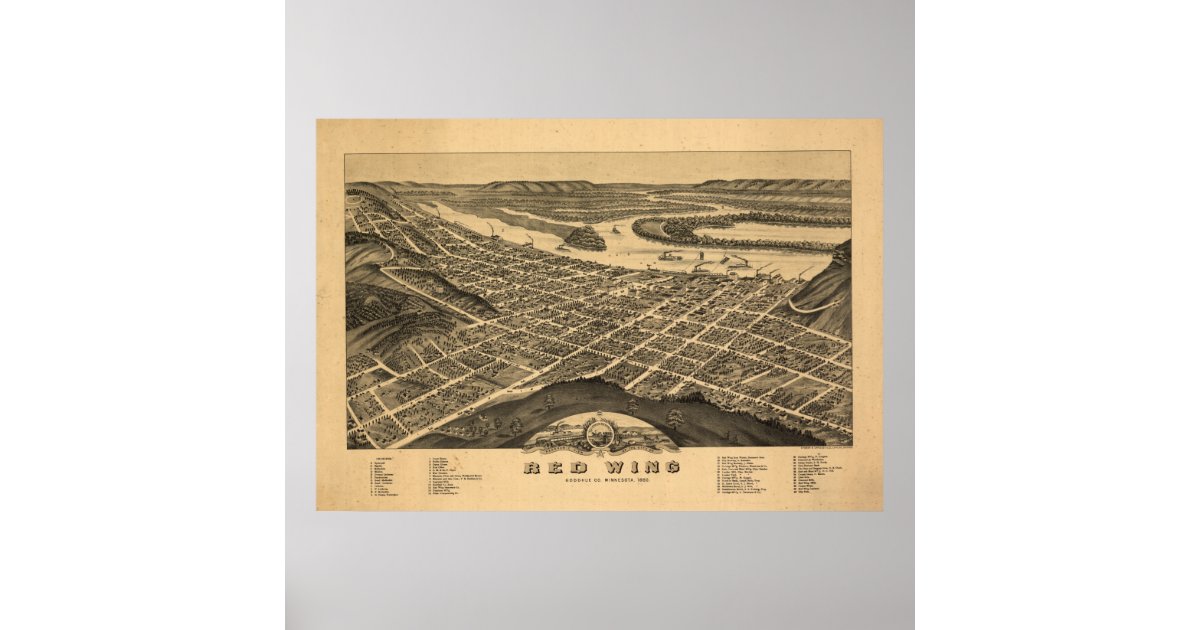Red Wing Minnesota 1880 Antique Panoramic Map Poster | Zazzle