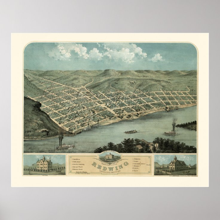 Red Wing, MN Panoramic Map - 1868 Poster | Zazzle