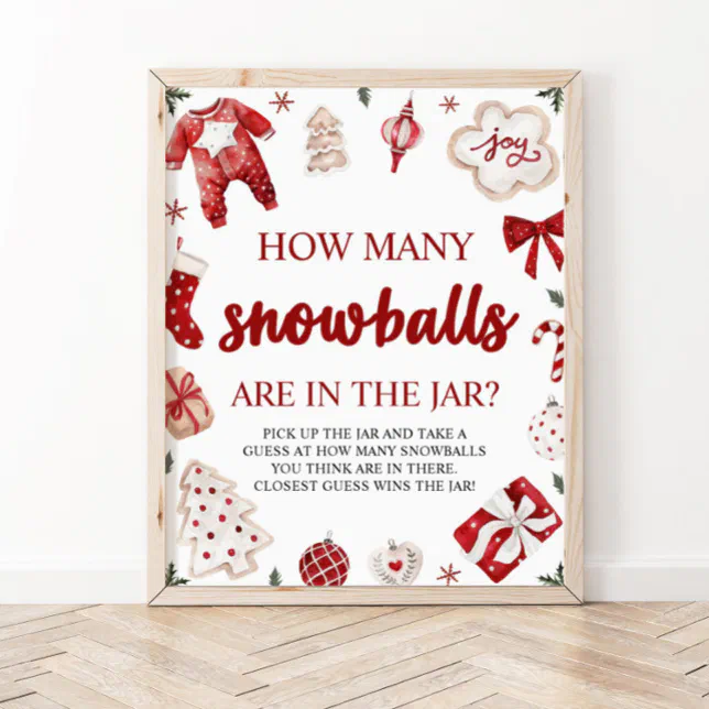 Red Winter Christmas Guess How Many Snowballs Game Poster | Zazzle