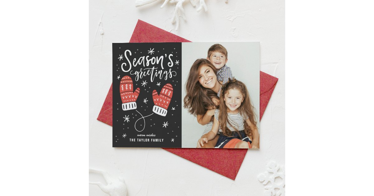 Red Winter Mittens Season's Greetings Photo Holiday Card | Zazzle