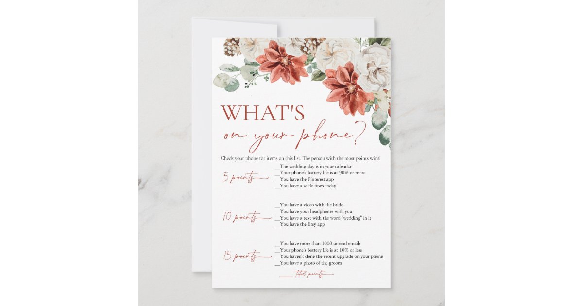Red Winter What's On Your Phone Bridal Shower Game Invitation | Zazzle