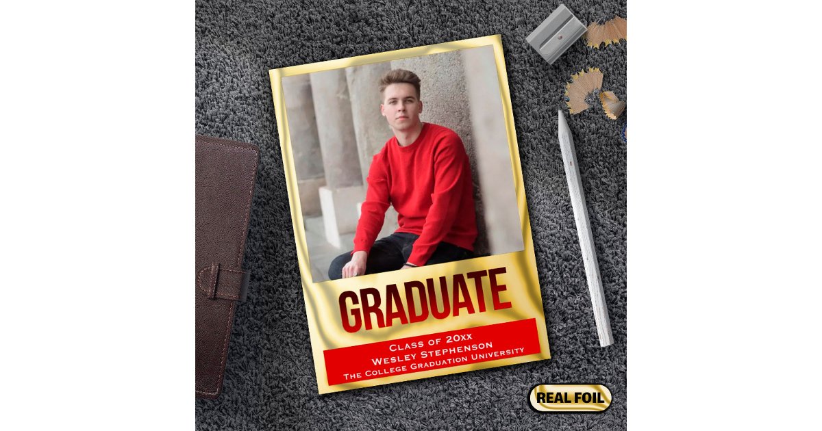 Red with Foil Block Lettering Photo Graduation Foil Invitation | Zazzle
