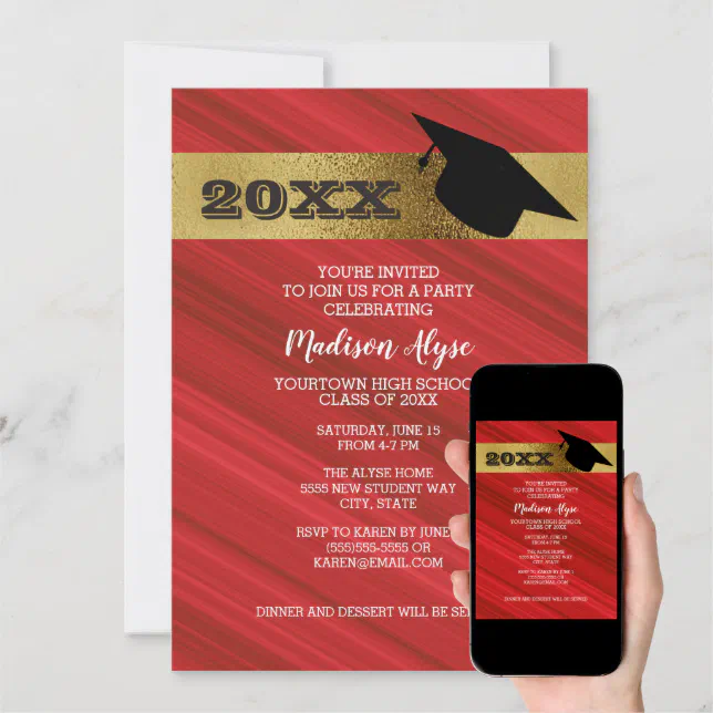 Red with Gold and Graduation Cap Party Invitation | Zazzle
