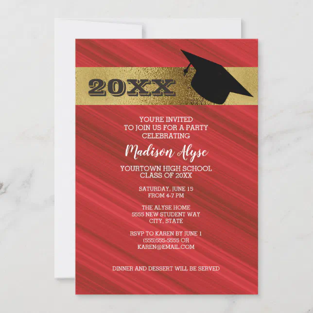 Red with Gold and Graduation Cap Party Invitation | Zazzle