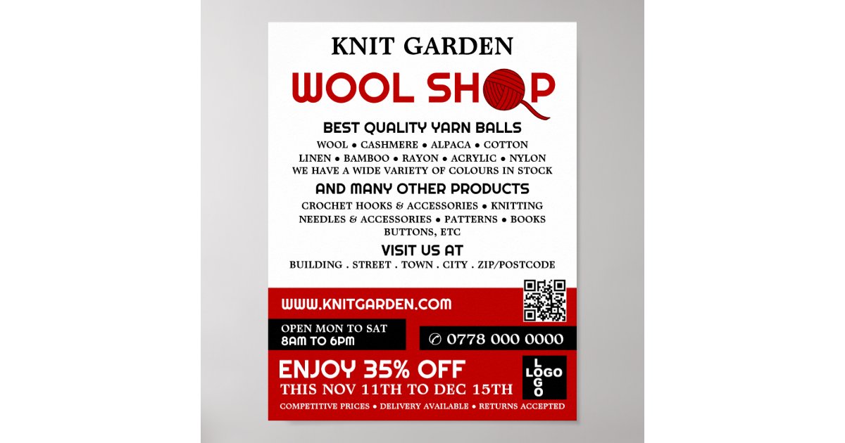 Red Wool Shop Logo, Knitting Store, Yarn Store Poster | Zazzle
