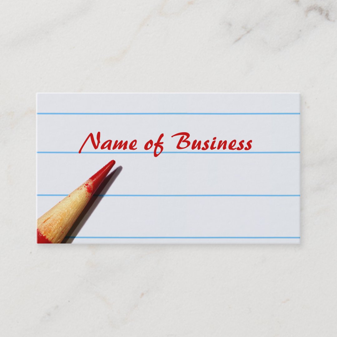 Red Writing With Teacher Pencil On Lined Paper Business Card | Zazzle