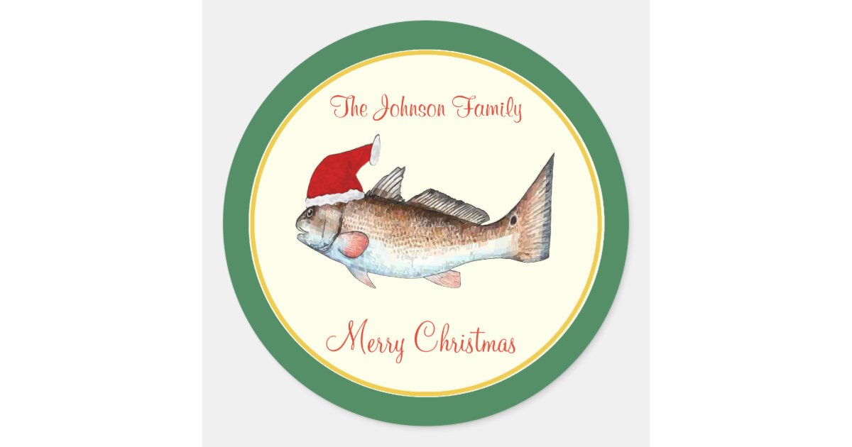 Redfish Santa Hat Christmas Green Classic Round Sticker | Zazzle