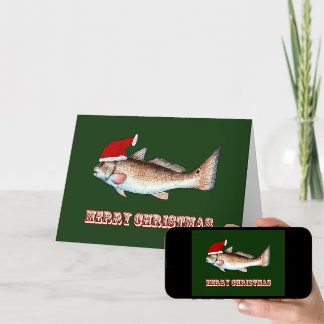 Redfish Santa Hat Christmas on Green Holiday Card | Zazzle