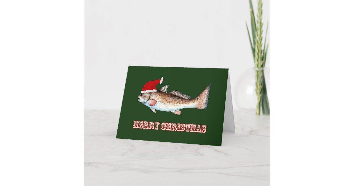 Redfish Santa Hat Christmas on Green Holiday Card | Zazzle
