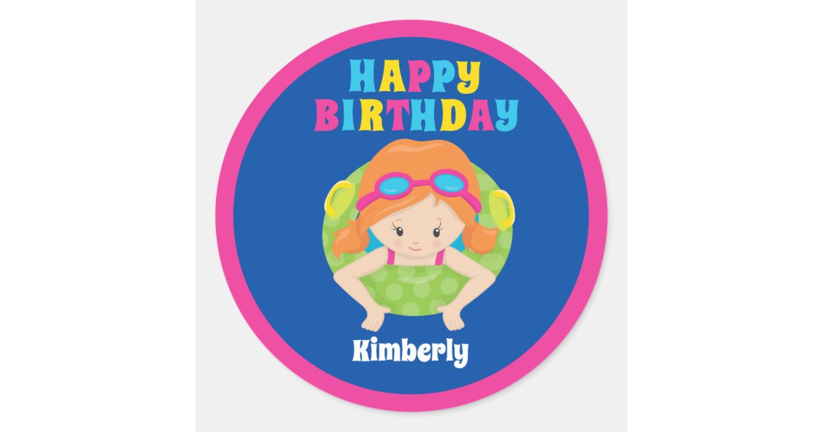 Redhead Swim Girl Custom Pool Party Happy Birthday Classic Round ...