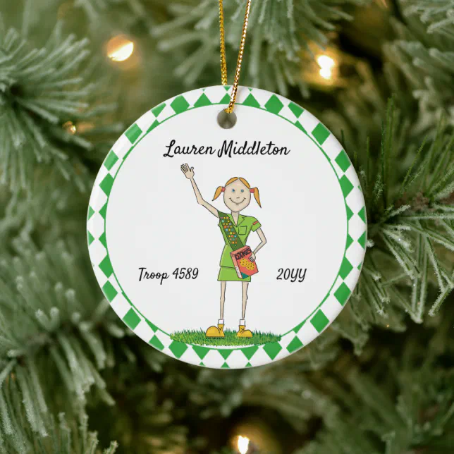 Redheaded Junior Girl Scouting Green Diamond Shape Ceramic Ornament ...
