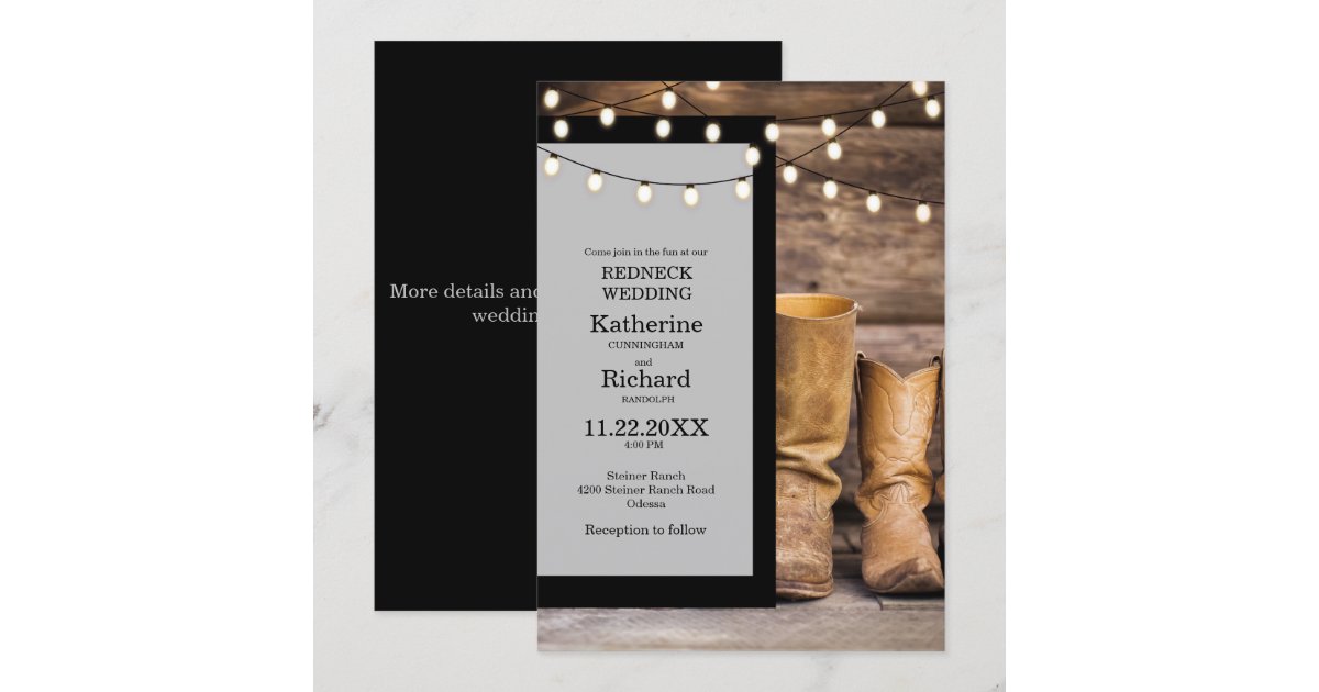 Redneck Wedding Cowboy Boots Lights Grey & Black Invitation | Zazzle.com