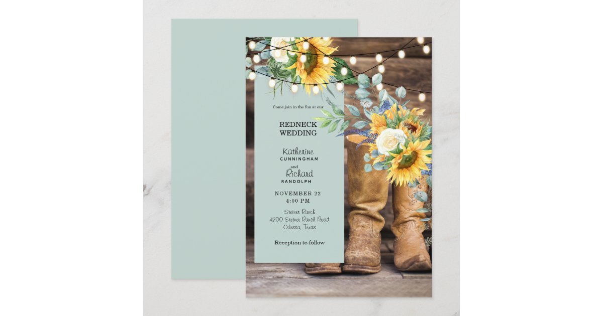 Redneck Wedding Cowboy Boots String of Lights Invi Invitation | Zazzle