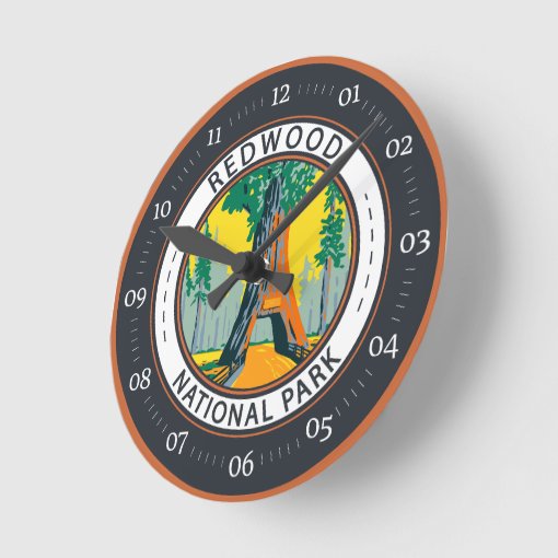 Redwood National Park Chandelier Tree Badge Round Clock | Zazzle