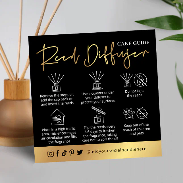 Reed Diffuser Care Instructions Black & Gold Logo Square Business Card ...