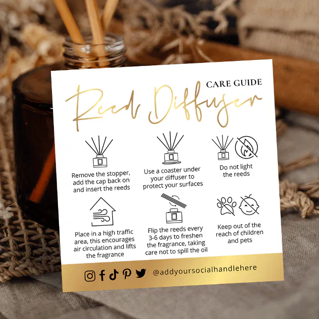 Reed Diffuser Care Instructions White & Gold Logo Square Business Card ...
